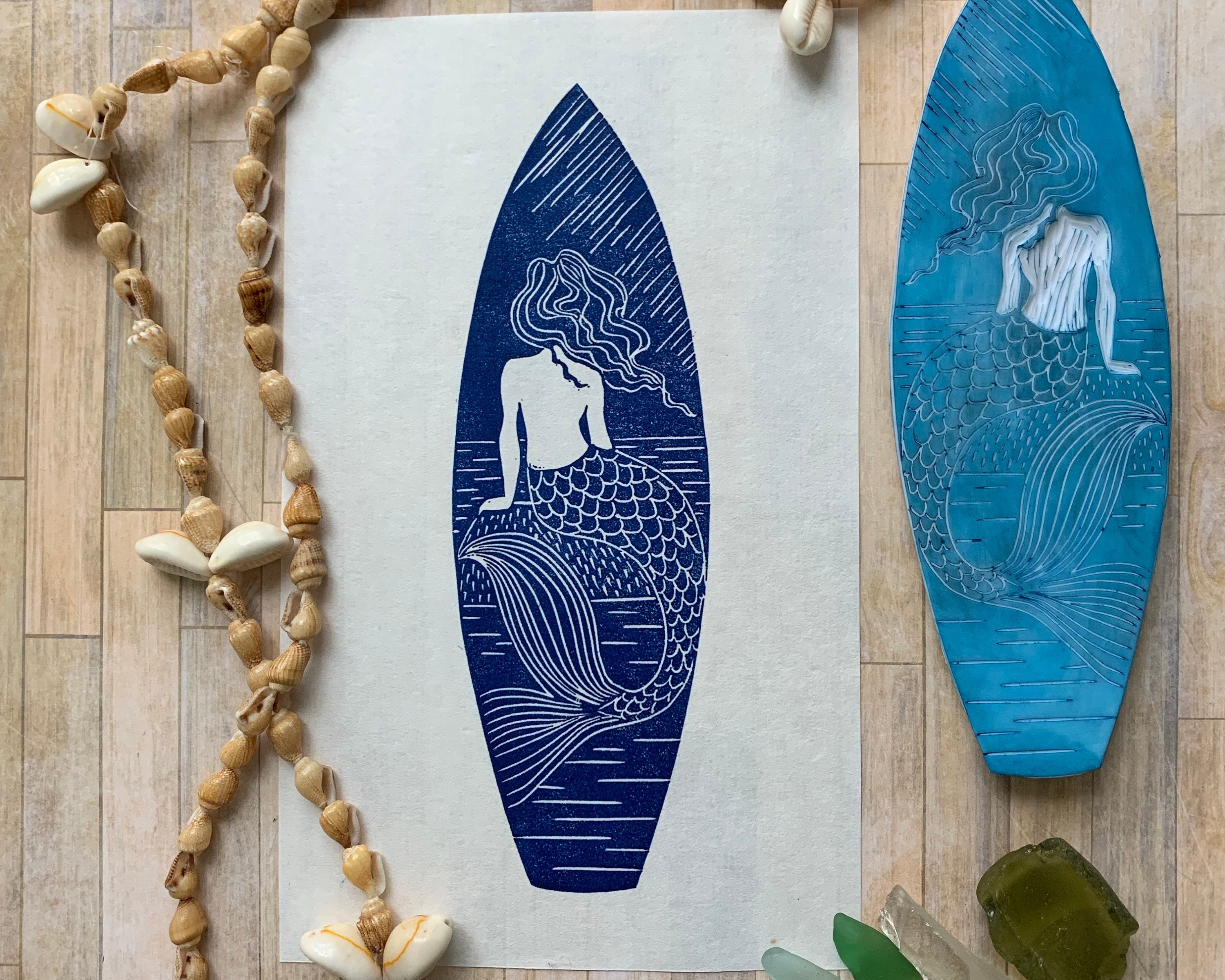 Boho mermaid surfboard design Linocut print, beach house wall art home ...
