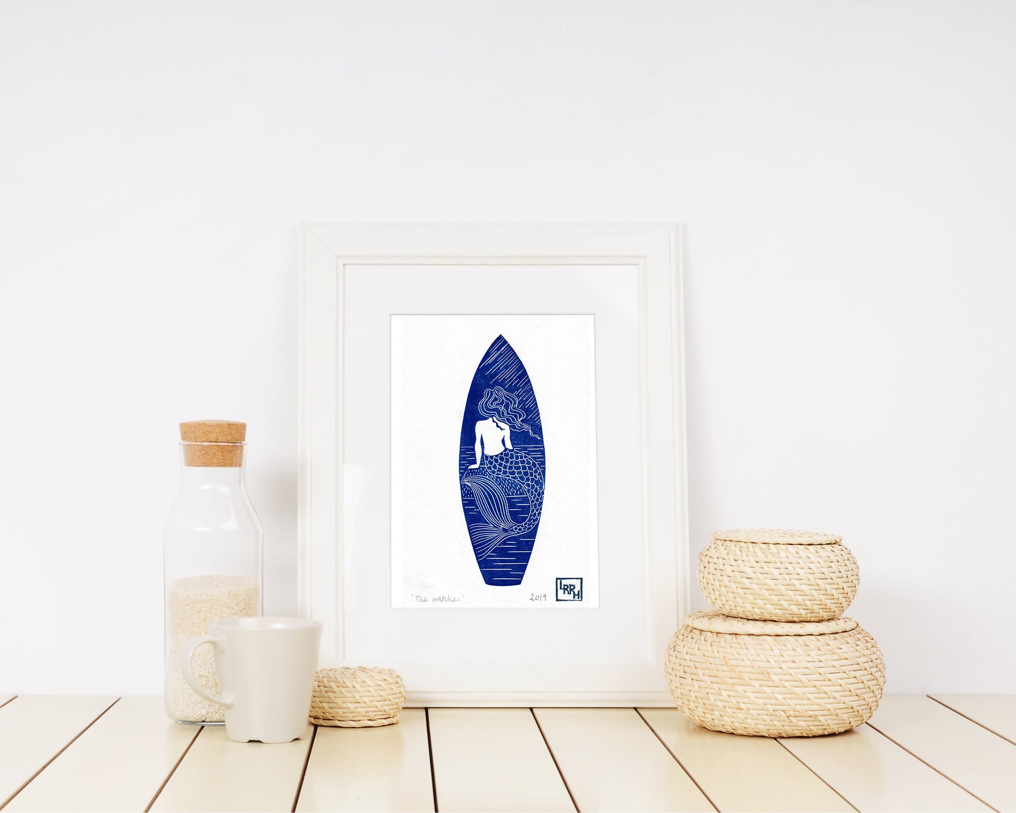 Boho mermaid surfboard design Linocut print, beach house wall art home ...