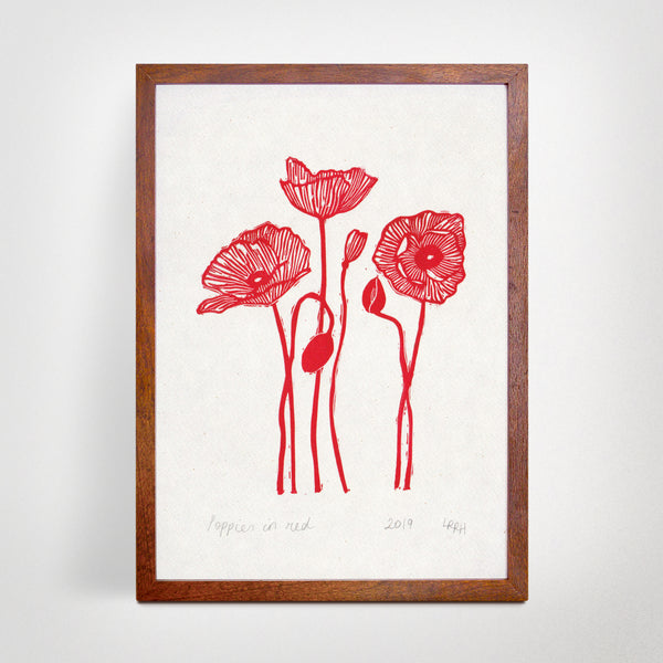 Poppies in Red Linoprint, original artwork, handmade in Sydney - Little ...